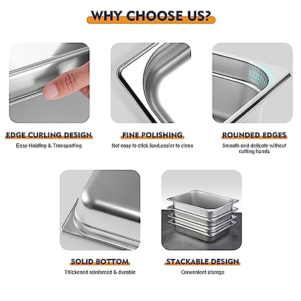 FUSON 4 Pack 1/6 Size 4 Inch Deep Anti Jam Steam Table Pan, NSF, Commercial 18/8 Stainless Steam Pan, Restaurant, Hotel