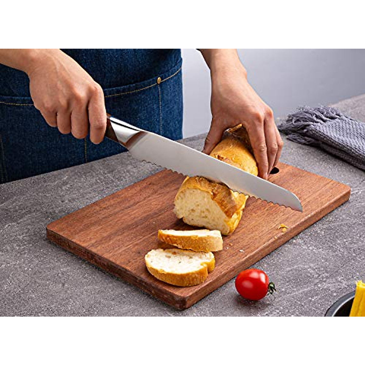WELLSTAR Bread Knife, 8 Inch Serrated Bread Loaf Slicing Knife with Razor Sharp High Carbon German Stainless Steel Forged Blade and Natural Rosewood Handle in Gift Box, V-Style Series