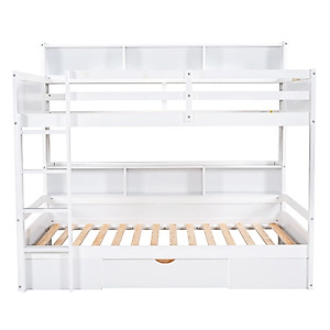 Harper & Bright Designs Bunk Bed Twin Over Twin with Storage,Wood Twin Bunk Beds with Built-in Shelves Beside Both Upper & Down Bed,Multi Storage Bunk Beds with Drawer for Kids Girls Boys,White