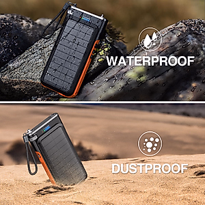 Solar Power Bank 36800mAh, Emergency FM Radio & Bluetooth Speaker, Built-in 2 Cables and Kickstand 15W Fast Charging LED Flashlight, USB C Input/Output Compatible with All Mobile Devices (Black)