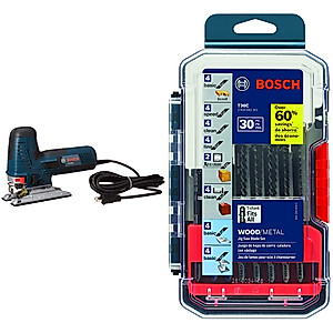 BOSCH 7.2 Amp Barrel-Grip Jig Saw Kit JS572EBK&BOSCH T30C T-Shank Multi-Purpose Jigsaw Blades, 30 Piece, Assorted, Jig Saw Blade Set for Cutting Wood and Metal