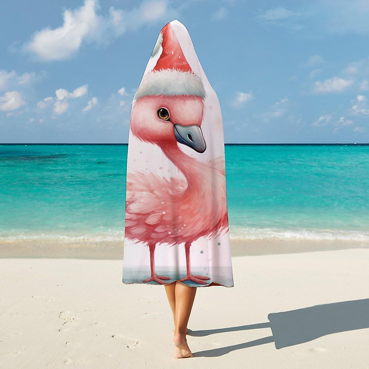 Hooded Blankets Flamingos Wear Santa Hats Wearable Hooded Blanket Cape Winter Flamingo Fleece Blanket Cloak Cape Blanket Fit for Kids Adults Teens for Couch Bed 40"x50" Spring Summer Blanket Hoodie