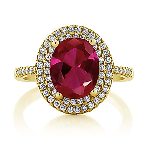 Gem Stone King 18K Yellow Gold Plated Silver Red Created Ruby Ring For Women (3.30 Cttw, Oval 9X7MM, Available in size 5, 6, 7, 8, 9)