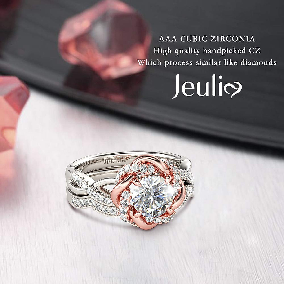 Jeulia Halo Solitaire Engagement Rings for Women Sterling Silver Floral Flower Rings Rose Gold Plated Diamond Ring Round Cut Bridal Ring Set Anniversary Promise Rings for Her
