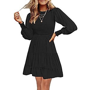 MEROKEETY Women's Fall Long Sleeve Crew Neck Smocked High Waist A Line Swing Mini Dress, Black, S