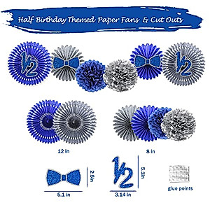 Half Birthday Decorations Baby Boy, Hombae 1/2 Birthday Boy Decorations Supplies, 6 Months Birthday Decorations Boy, Blue Glitter Half Birthday Banner with Triangle Flag Banner, 1/2 Birthday Hat Crown with Blue Bow Tie, Halfway to One Cake Topper, Blue Gr