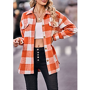 PRETTYGARDEN Women's 2024 Fall Clothes Plaid Shacket Jacket Long Sleeve Button Down Flannel Shirts Fashion Blouse (Plaid Orange White,Large)
