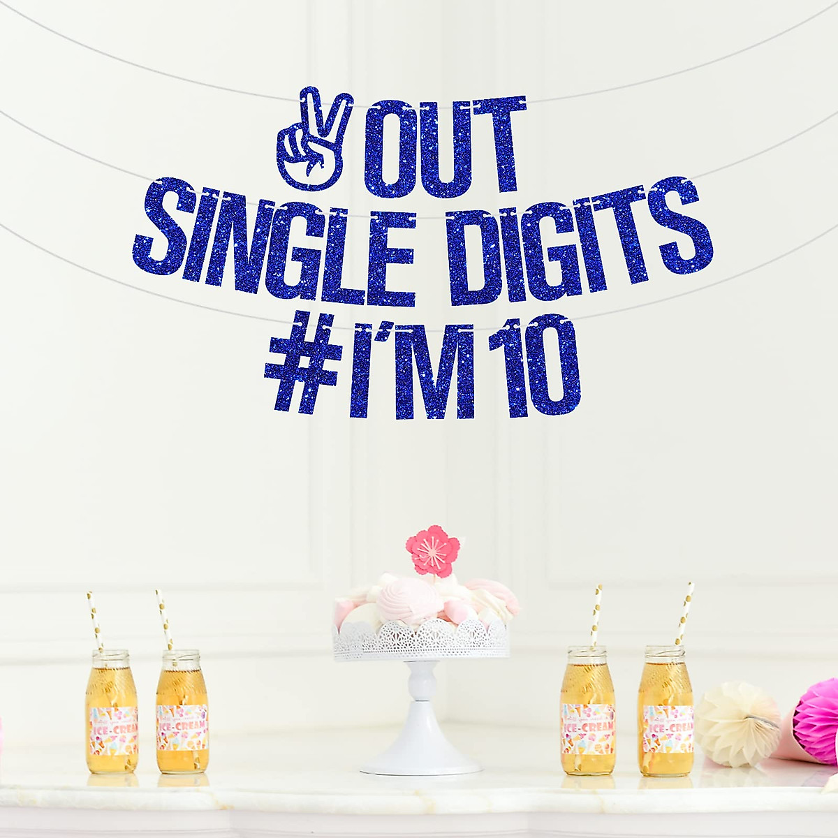 Out Single Digits I'm 10 Banner, Double Digits 10, Happy 10th Birthday Decorations for Boys, 10th Birthday Party Decoration Supplies Blue Glitter