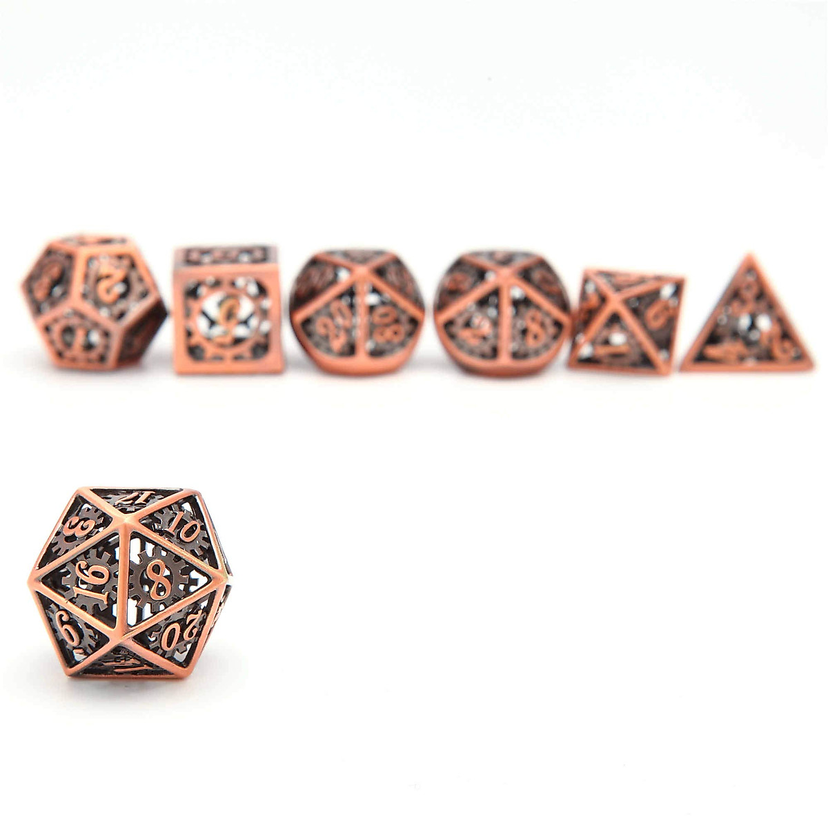 Metal Dice Set D&D, Dungeons and Dragons Dice Set,Hollow Out Retro Number Rainbow Unique Polyhedron Game RPG DND Metal Dice Set, Ancient Red Copper-24, Small