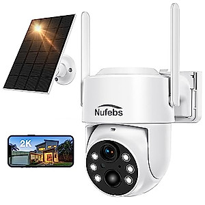 NUFEBS Security Camera 2K/4MP Wireless Outdoor with Solar Panel 355°PTZ 2.4G WiFi Waterproof Surveillance Motion Dection Spotlight/Siren, Color Night Vision，2 Way Audio，SD Card Slot/Clound (White)