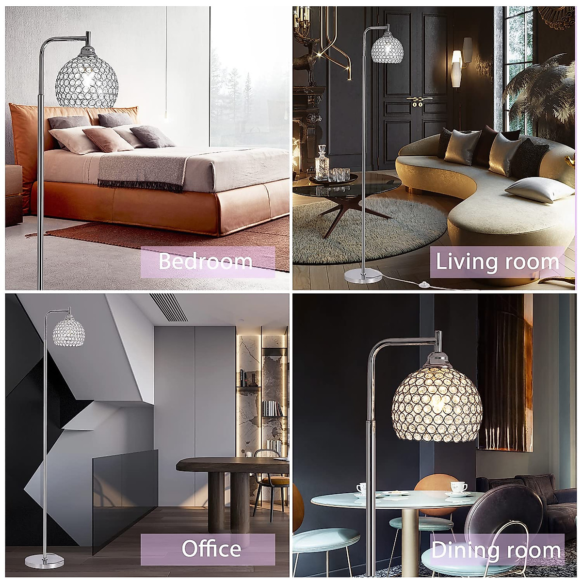 Trssdre Spherical Crystal Floor Lamp, Modern Chrome Finish Floor Lamp, Standing Light with Crystal Lamp Shade for Living Room, Bedroom, Dining Room, Office, E26 Base, LED Bulb Included