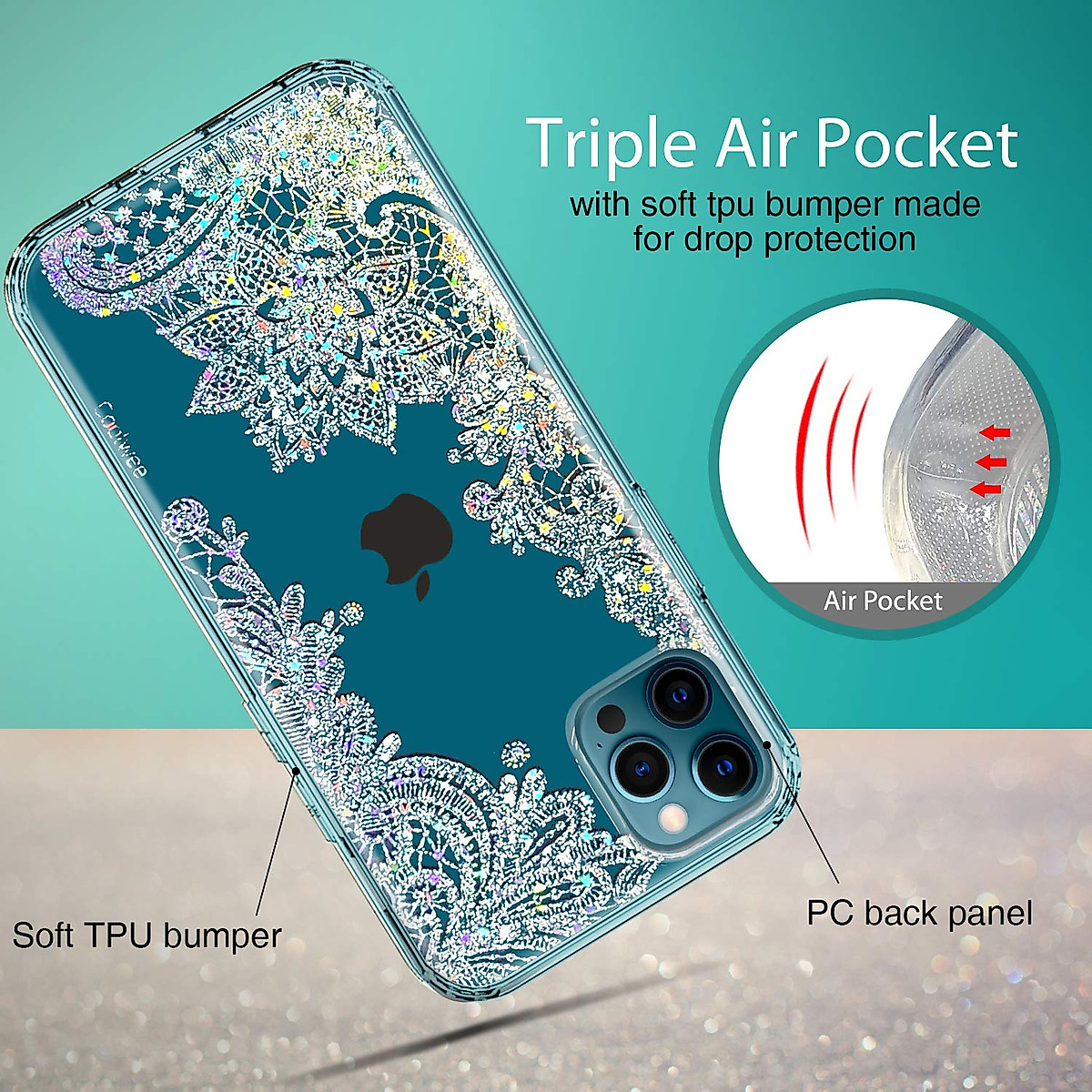 Coolwee Clear Glitter Compatible with iPhone 12 Pro Max Case Thin Flower Cute Crystal Lace Bling Women Girls Floral Plastic Hard Back Soft TPU Bumper Protective Cover Slim Fit Mandala Henna