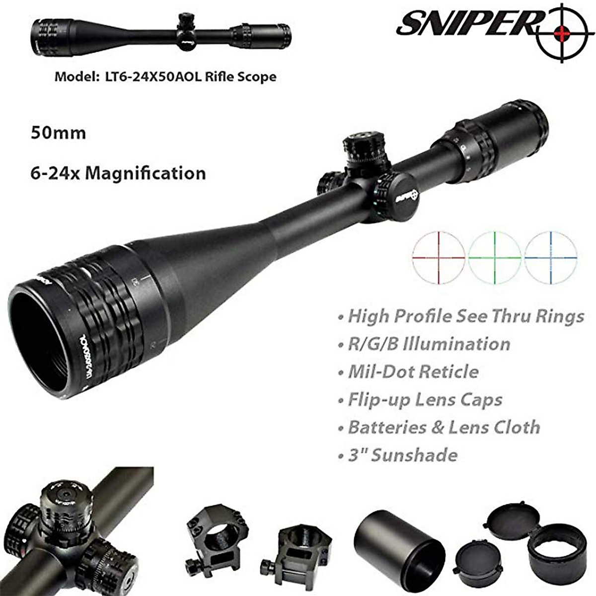 LT 4-16X50/6-24x50 Hunting Rifle Scope with Multi-Coated Lenses, Tri-Color Illuminated Reticle and AO Adjustment (6-24x50)