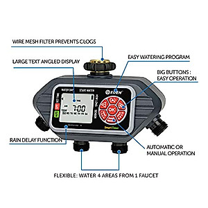 Eden 93413 Programmable Digital Water Timer 4-Zone, Compatible with Wireless Soil Moisture Sensor