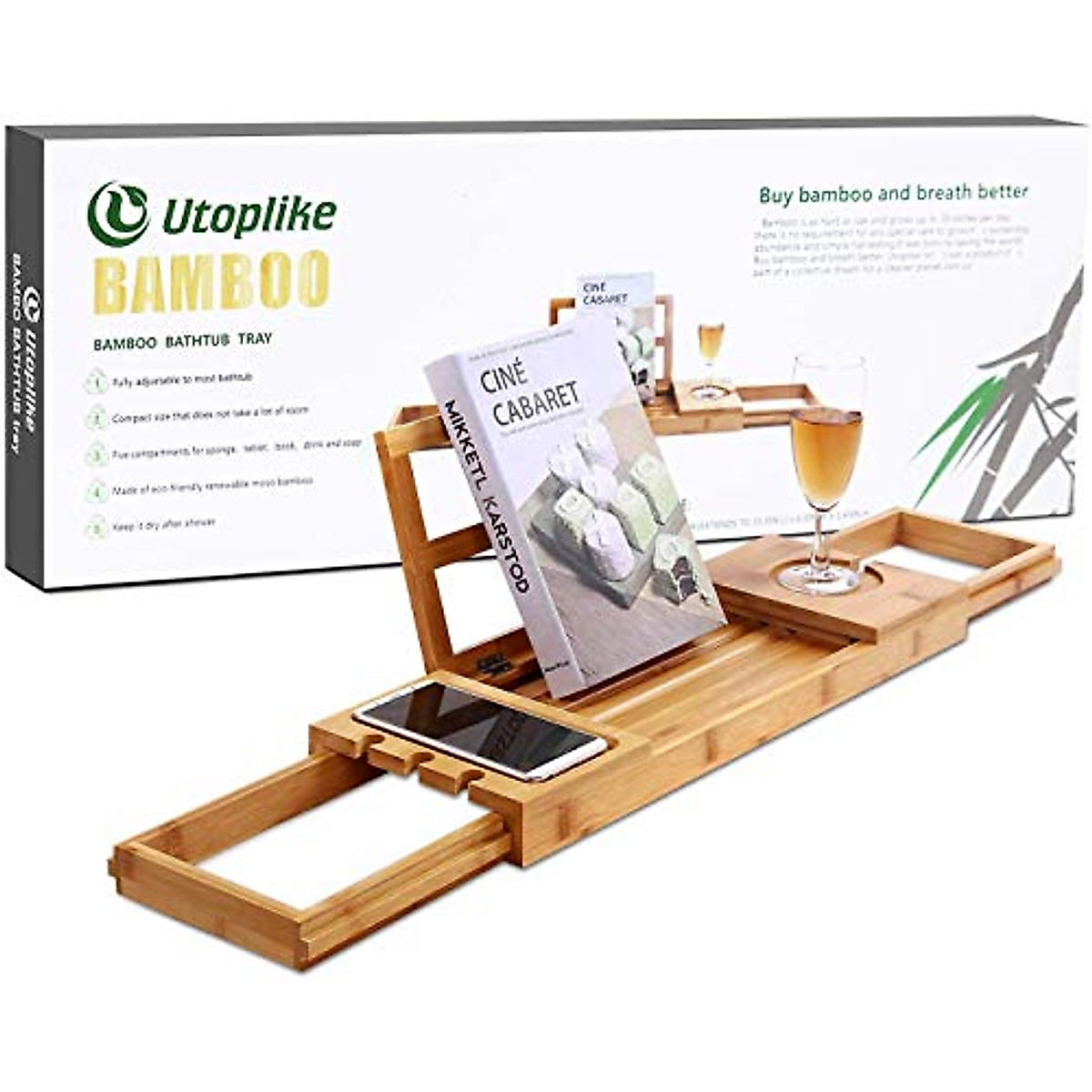 Utoplike Bamboo Bathtub Caddy Tray Bath Tray for Tub, Adjustable Bathroom Bathtub Organizer with Book Tablet Wine Glass Cup Towel Holder,Distinctive Gift for Christmas