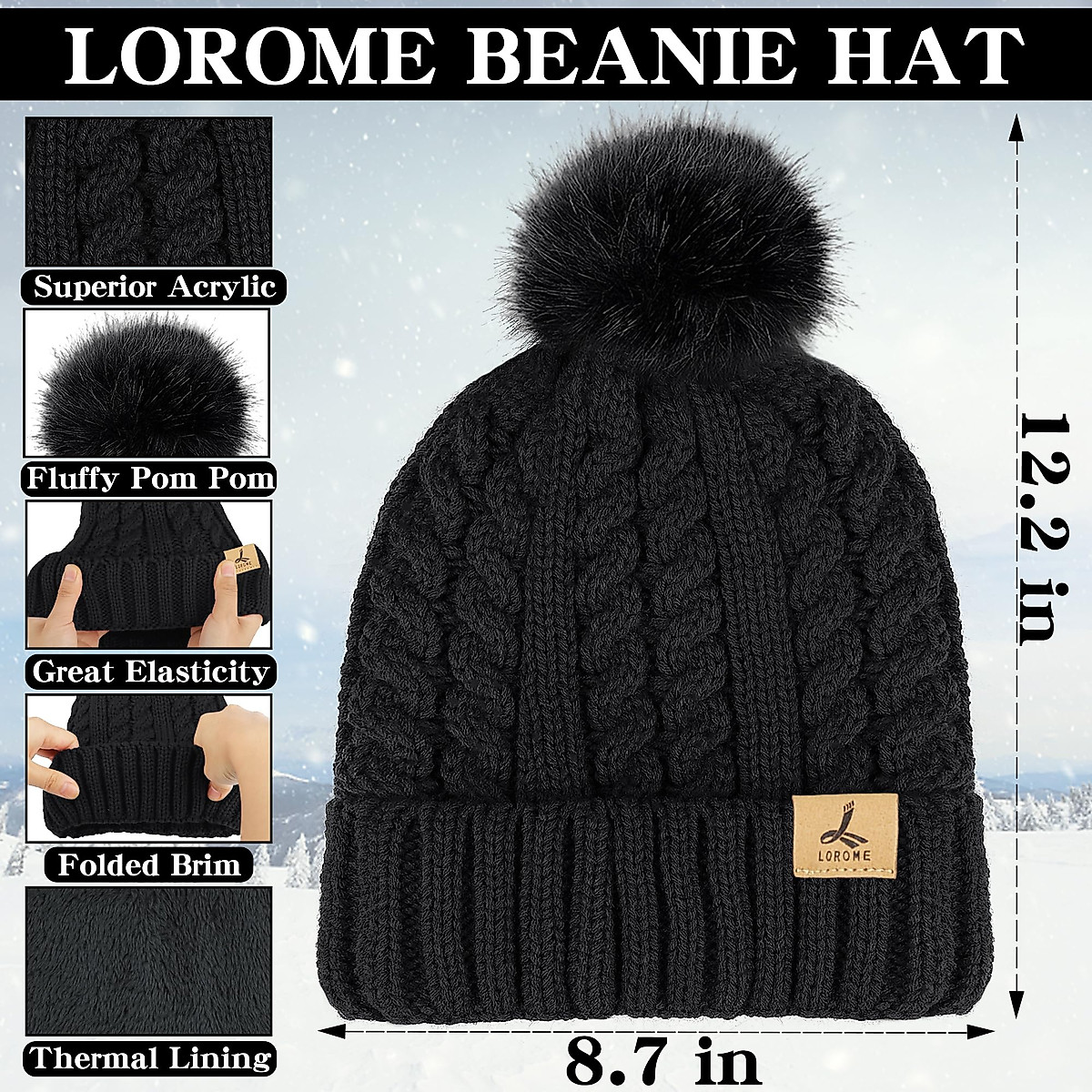 Winter Beanie Hat, Scarf and Touchscreen Gloves Set Black