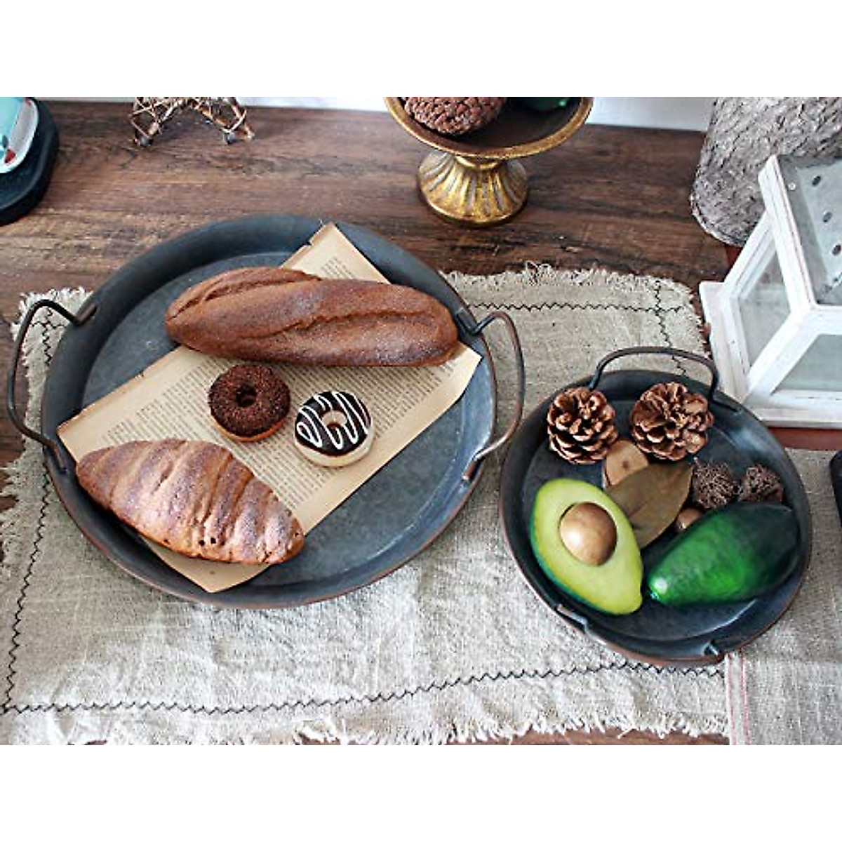Funerom Industrial Style Metal Iron Tray Set of 2, Diameter：11.8 inch and 8 inch,Black Galvanized Tin Color