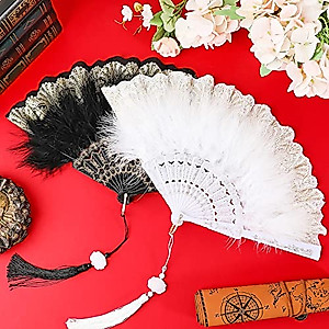 2 Pieces Feather Hand Fan Embroidered Flower Marabou Feather Fan 1920s Feather Fan Hand Fan Folding Hand Fan Drag Queen Fan for 20s Women Costume Party Dancing Photoshoot Wedding Decor (White, Black)