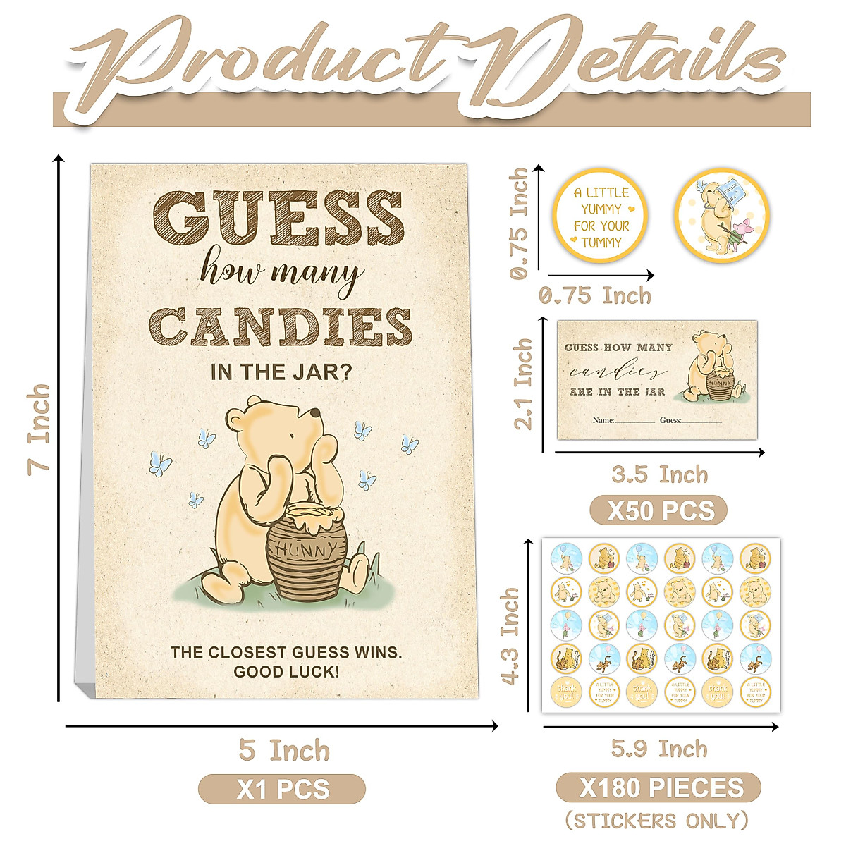 Winnie Guess How Many Candies Baby Shower Games, How Many Candies Standing Sign 50 Guessing Cards 180 Baby Shower Winnie Candies Stickers, Guess How Many Candies Winnie the Pooh Baby Shower Games