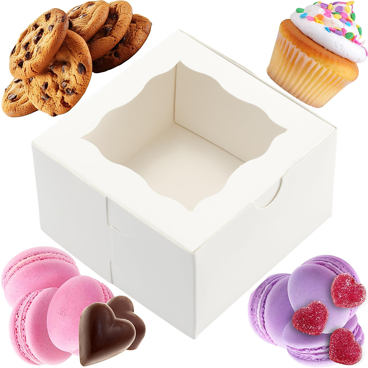 BAKELUV 4x4 Cookie Boxes with Window | White, 100 PCS | Small Treat Boxes, 4x4x2.5 Small Cookie Boxes, Bake Sale Boxes, 4 Inch To Go Bakery/Dessert, Cake Slice Boxes Individual, Cupcake/Muffin Box