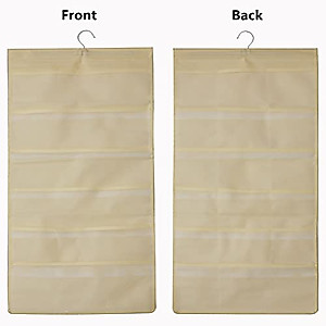 Ymemok Hanging Mesh Pockets Dual-Sided Closet Organizer for Underwear,Bra,Socks,Accessories with Hanger,Total 48 Pockets Beige