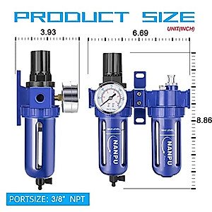 NANPU 3/8" NPT Compressed Air Filter Regulator Lubricator (FRL), Zinc Alloy, 5 Micron Brass Element, 0-150 psi Gauge, Quick Release Bowl, Manual Drain, Metal Bracket