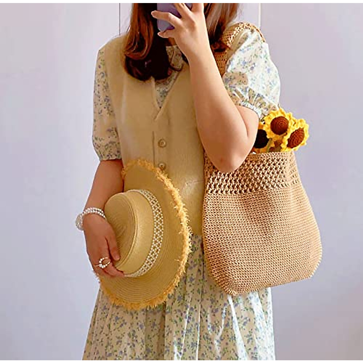 JI YA LI Handwoven Straw Vintage Purse Bag Soft Straw Beach Bag Handbag Shoulder Bag Boho Beach Sea Tote Basket Rattan Vacation Bag
