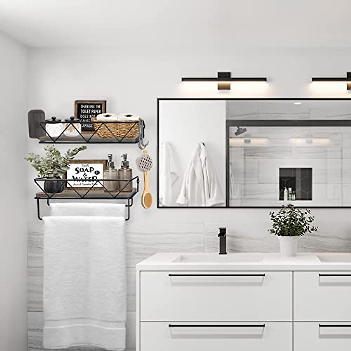 QEEIG Floating Shelves - Bathroom Shelves with Towel Bar Wall Mounted Shelf Farmhouse Bathroom Decor 16 inch Set of 2 (FS014)