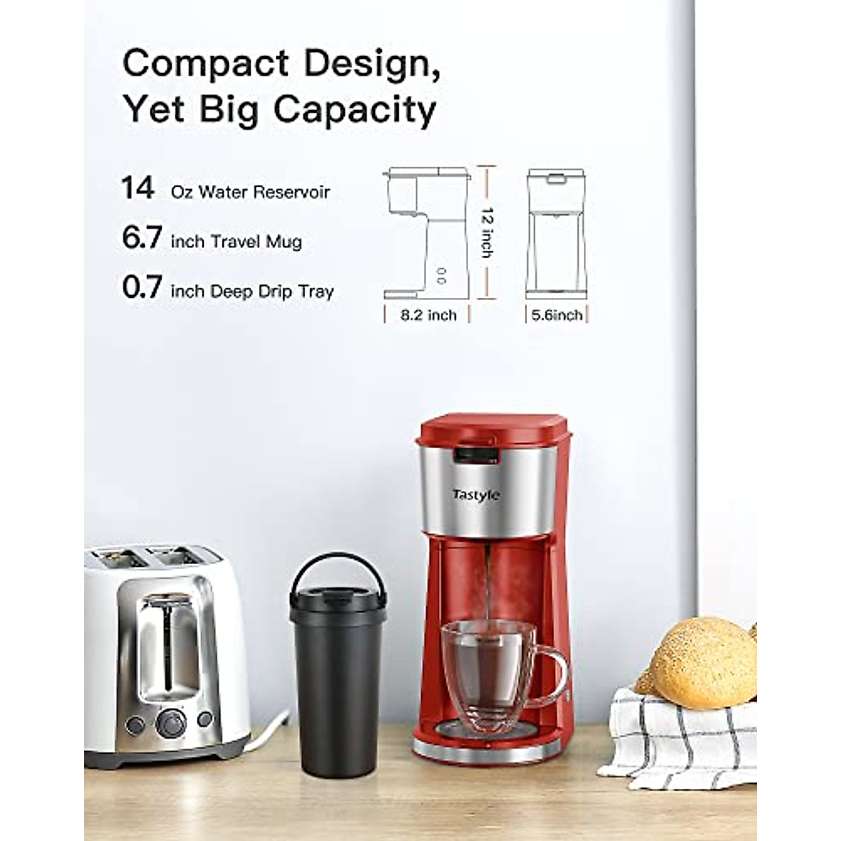 Single Serve Coffee Maker, with Reusable Ground Basket and Pod Holder, Easy to Use and Clean, One Cup Coffee Maker with Bold Brew, Descaling Reminder, Fits Travel Mug, 6 to 14 Oz Brew Size, Red