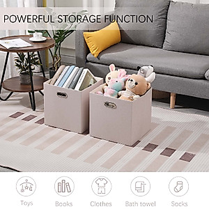 Fboxac Cube Storage Bins 13×13 Linen Foldable Box with Handles, Collapsible Organization Basket Set of 4 Large Capacity Drawer for Closet Shelf Cabinet Bookcase Bedroom, Beige Sepia