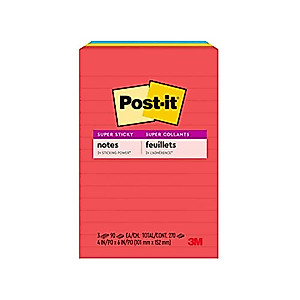 Post-it Super Sticky Notes, Assorted Sizes, 13 Pads, 2x the Sticking Power, Playful Primaries, Primary Colors (Red, Yellow, Green, Blue, Purple), Recyclable (4623-13SSAU)