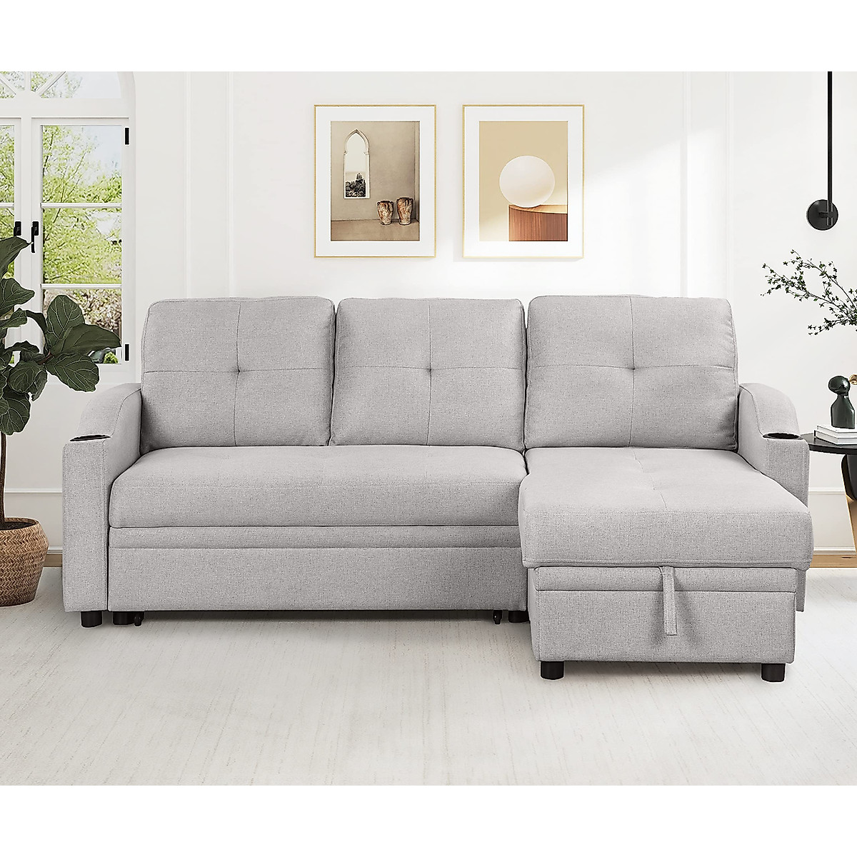 Merax 81inch Reversible Sleeper Sectional Sofa with Storage and 2 Cup Holder -Contemporary Corner Sectional with Pull-Out Sleeper and Chaise,3 Seat Sectional Sofa with Storage