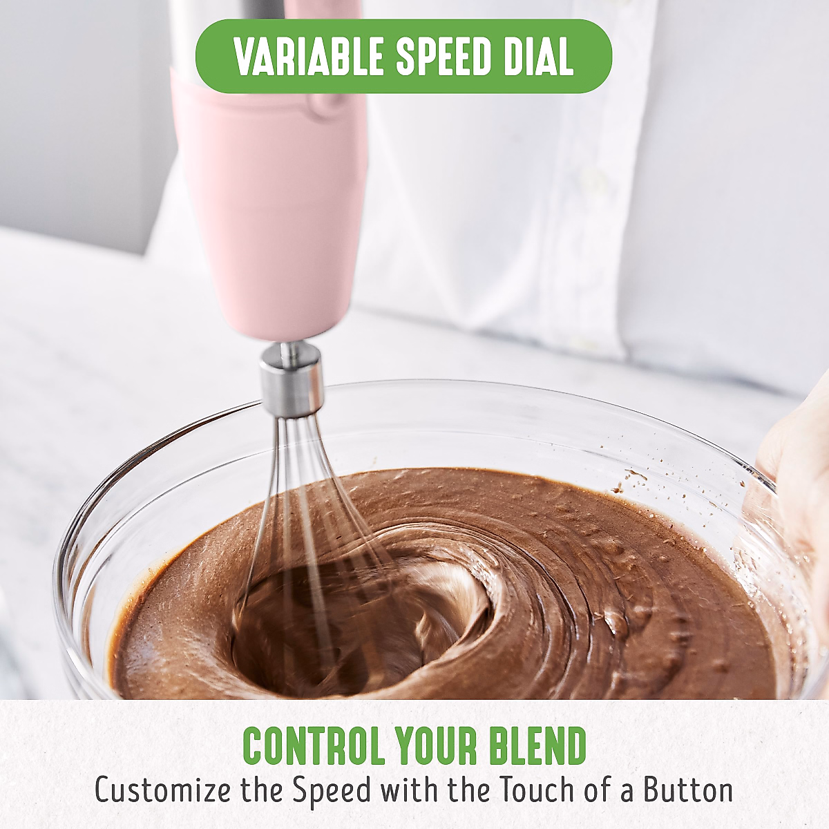 GreenLife Immersion Electric Handheld Stick Blender with Stainless Steel Blades, Whisk, Frother, Measuring Cup and Lid, Soups, Puree, Cake, Multi-Speed Control, Portable, Pink