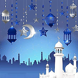 Islamic Silver Blue Star Crescent Moon Lantern Ramadan Garland EID Decoration Home Happy Ramadan Mubarak Party Decor Hanging Streamer Wedding Backdrop Banner Aladdin Birthday Party Supplies