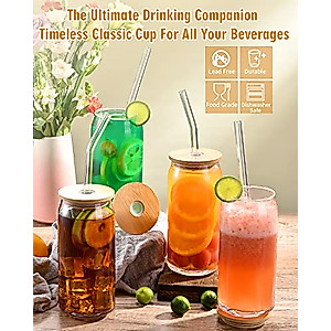 Rainforce 20 Oz Glass Cups With Lids And Straws, Beer Can Shaped Glass 12Pcs Set, Iced Coffee Cups, Glass Beer Can Cups, Drinking Glasses With Bamboo Lids, Beer Glasses, Cute Tumbler Glass Cups