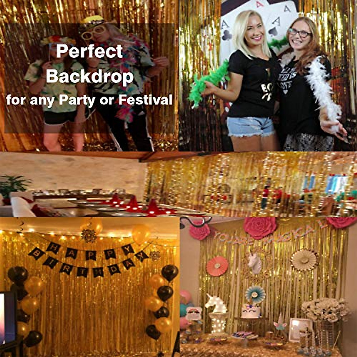 GOER 6.4 ft x 9.8 ft Metallic Tinsel Foil Fringe Curtains,Pack of 2 Party Streamer Backdrop for Birthday,Graduation Decorations and New Year Eve (Gold)
