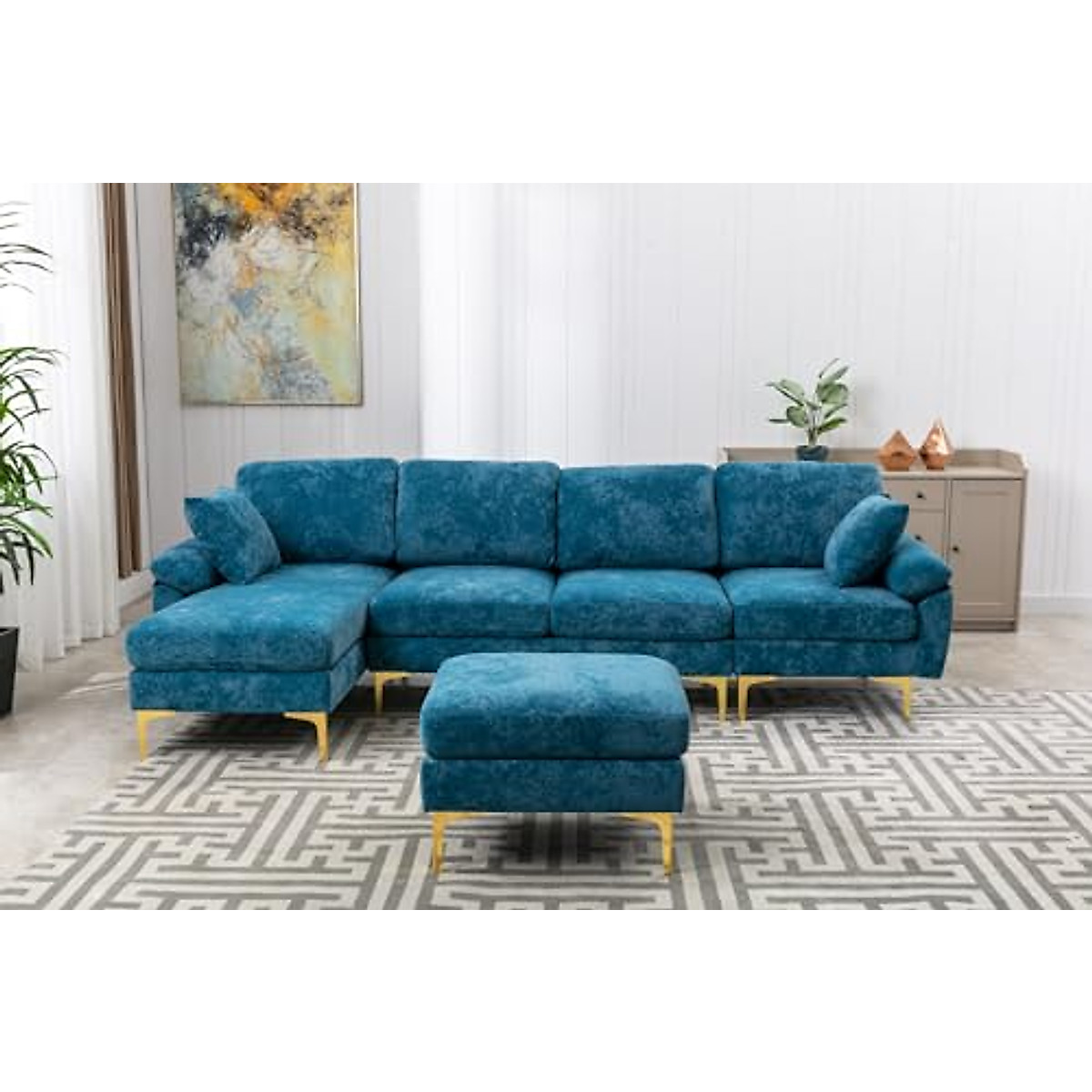 i-POOK 114.42" Polyester U Shaped Sectional Couch, 4 Seat Convertible Sofa with Removable Ottoman and 6.3" Thick Soft Cushion, Deep Seat Comfy Couches for Living Room, Teal Blue