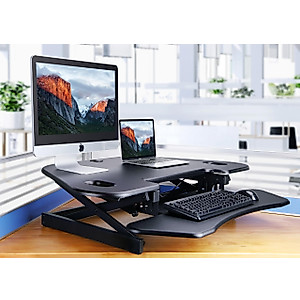 Rocelco 46" Height Adjustable Corner Standing Desk Converter, Quick Sit Standup Dual Monitor Riser, Gas Spring Assist Tabletop Computer Workstation, Large Keyboard Tray, (R CADRB-46), Black