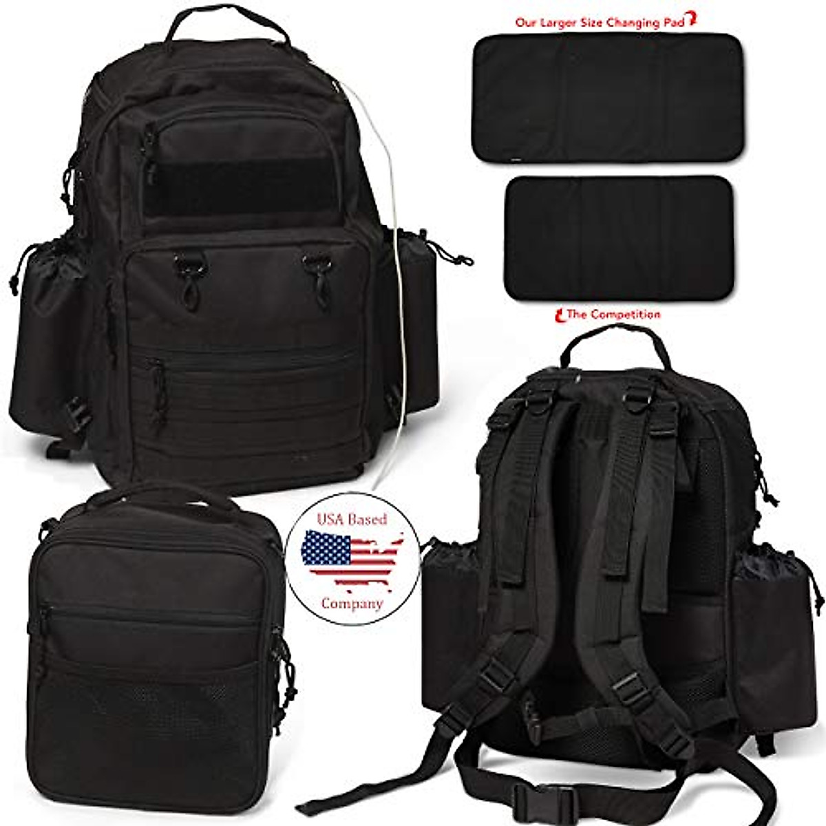 Brinero Diaper Bag Backpack for Dad, X-Large Bag With USB Port, Detachable Lunch Box, XL Changing Pad, 2 Large Water Bottle Pockets, Stroller Straps, Wipe Pocket Military Diaper Bags