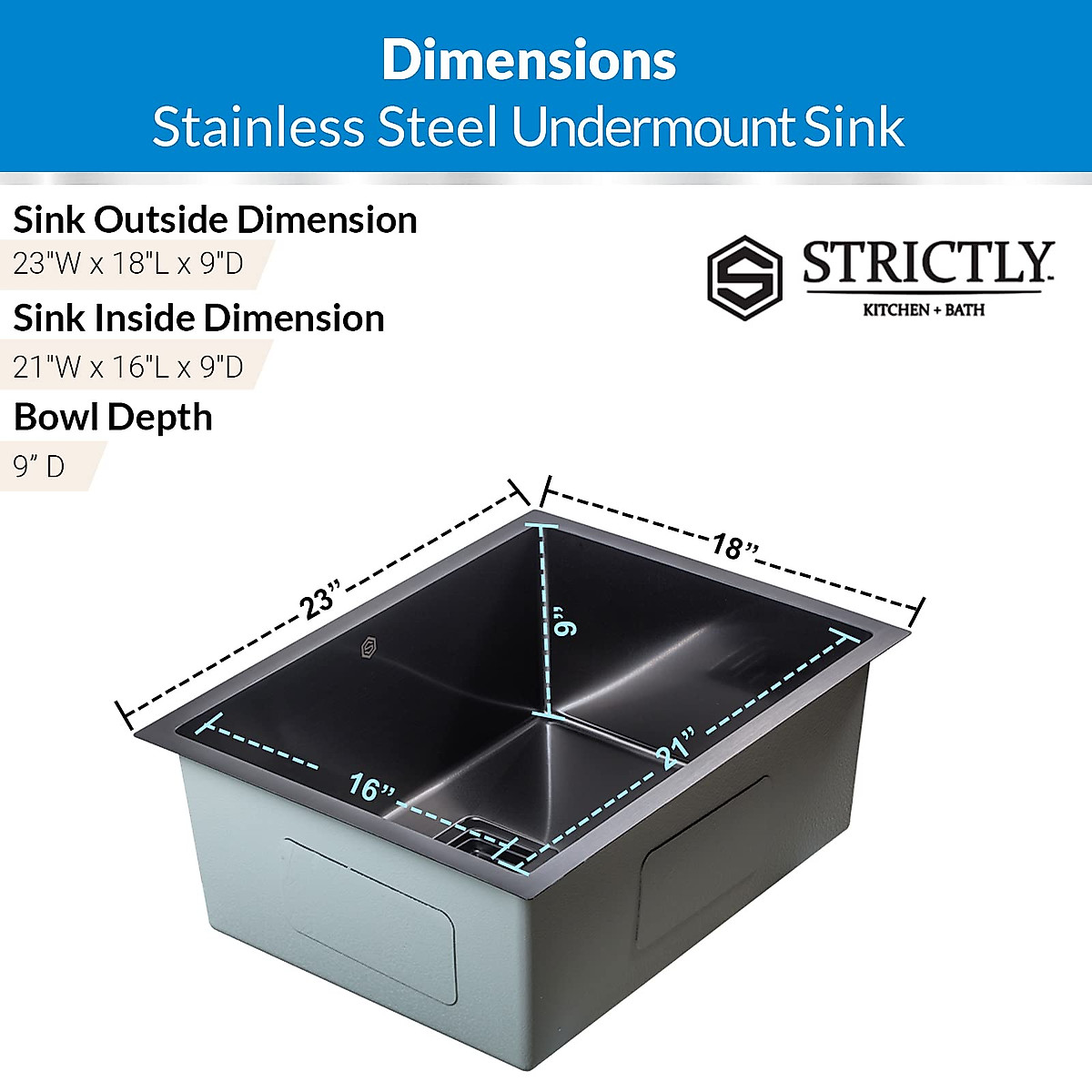 Strictly Sinks 23 Inch Undermount Kitchen Sink – Black Single Bowl 16 Gauge Stainless Steel Bar Prep Kitchen Sink Stain Resistant – With 1 Square Disposal Adapter, 1 Strainer Drain & Bottom Grid