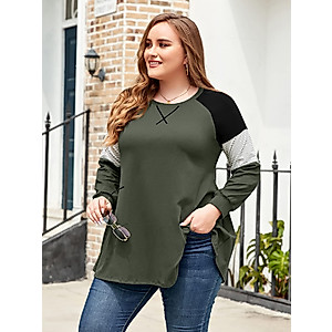 JollieLovin Crewneck Lightweight Sweatshirts for Women Plus Size Color Block Pullover Tops Long Sleeve Raglan Shirt ArmyGreen 3X