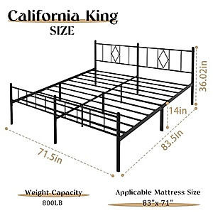 Mavesmog 14 inch California King Size Bed Frame Metal Platform Mattress Foundation with headboard Footboard，No Box Spring Needed/Under Bed Storage/Easy Assembly，Black