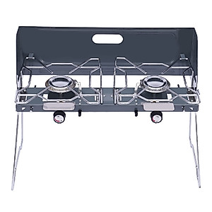Stainless Steel Portable Butane Gas 9000w Dual Burner Gray Cooking Stove Camping Stoves with Foldable Legs Portable Bag and 3 Wind Panels for Party Picnic and Outdoor Cooking