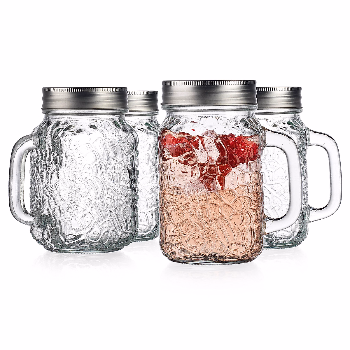 Glaver's Mason Jar Cups 16Oz – Set of 4 Mason Jars with Lids and Handles – Hammered Style Large Mason Cups for Parties, Dinner, Home, Lemonade, Smoothies, Cocktails, Drinks - Dishwasher Safe.