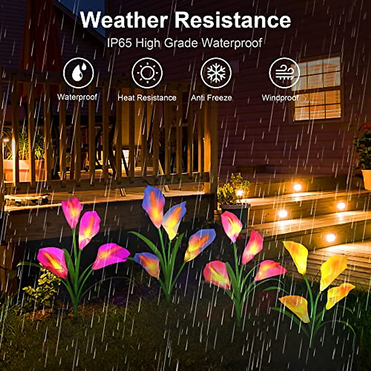 Arrozon Solar Garden Lights Outdoor Garden Decorative with 16 Calla Lily Flowers, Solar Flowers Lights Outdoor Garden Waterproof IP65 for Garden, Pathway, Patio, Yard, Porch, Backyard, 4 Pack