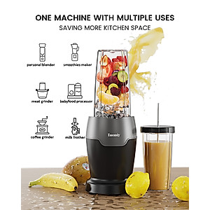 Real 900 Watts Smoothie Blender for Shakes and Smoothies, 7 in 1 Set Personal Blender, Germany 3D Stainless Steel 6-Leaves Blades Smoothie Maker with 2 Pieces 24 OZ Tritan Sport Cups