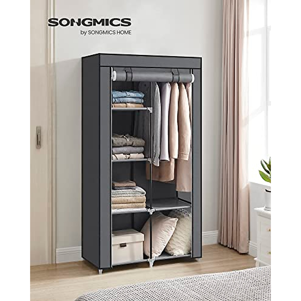 SONGMICS Portable Closet, Clothes Storage Organizer with 6 Shelves, 1 Clothes Hanging Rail, Non-Woven Fabric Closet, Metal Frame, 17.7 x 34.6 x 66.1 Inches, Gray URYG84GY