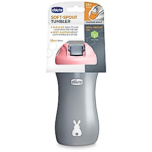 Chicco Soft Spout Tumbler with Silicone Straw and Spill-Proof Lid 12oz.| Built-In Carry Handle | Top-Rack Dishwasher Safe | Easy to Hold Travel Cup | Pink/Silver| 18+ months