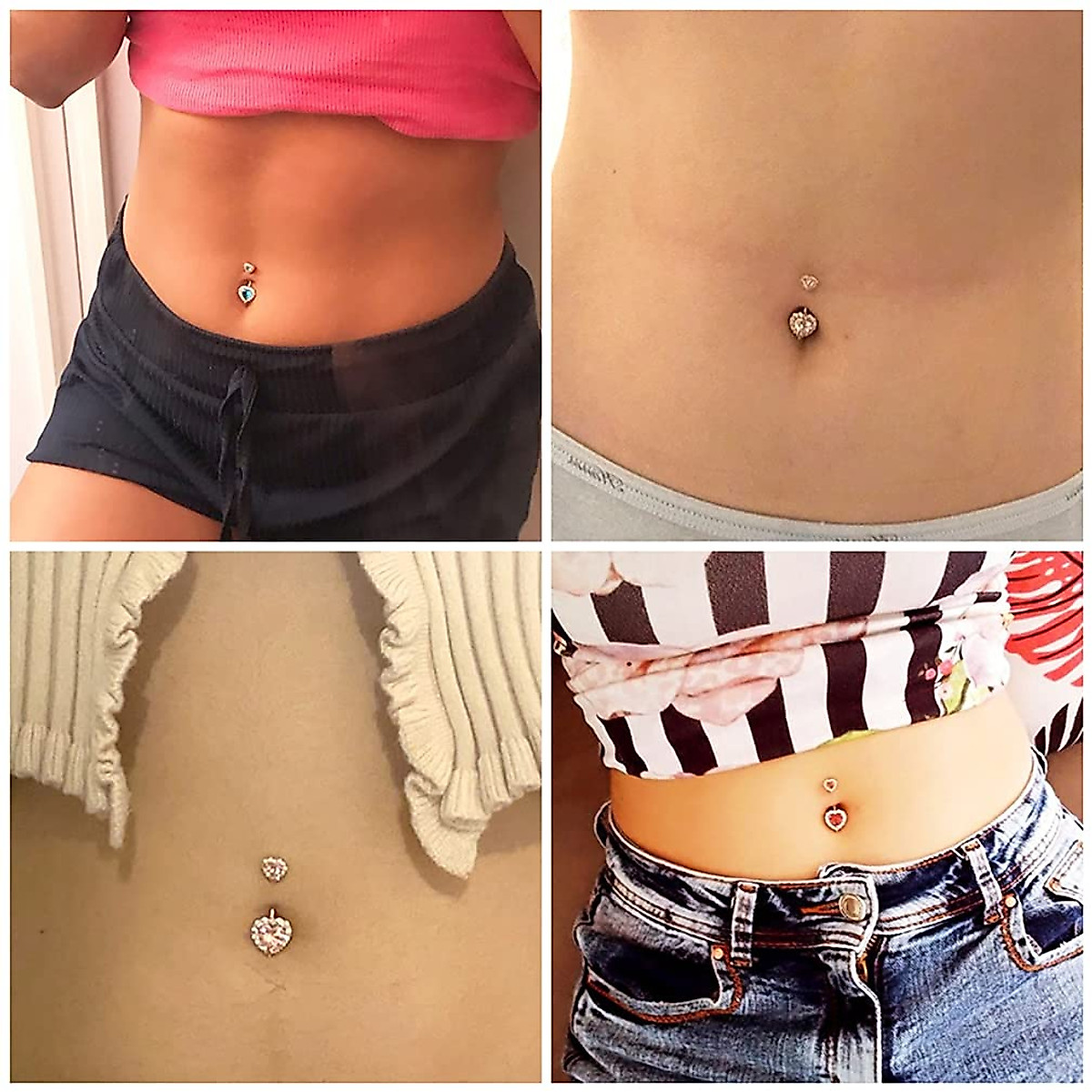 Excepro 1PC 14G(1.6mm) Double Heart Diamond Cubic Zirconia Navel Belly Button Ring 316L Surgical Steel Piercing Jewelry