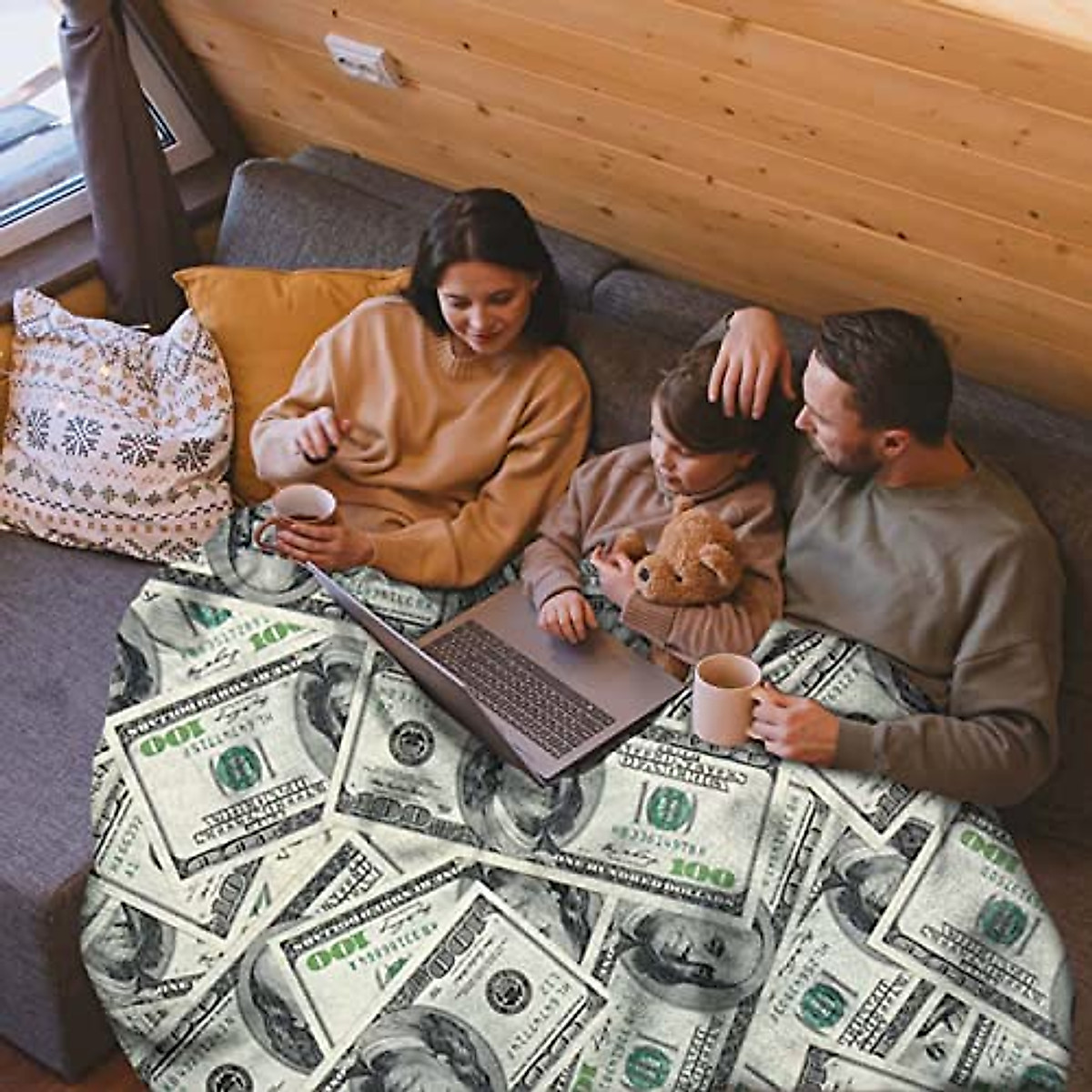 KYKU Money Blanket Throw Funny 100 Dollar Bill Cash Us Cute Things Family Novelty Cool Stuff for Teen Girls, Boys, Women, Men, Students, Gamer, Anyone, Fun Friends Birthday Gifts (Green, 60" × 80")